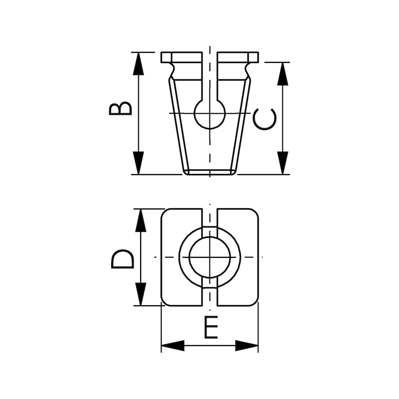 Expanding nut with open thread section