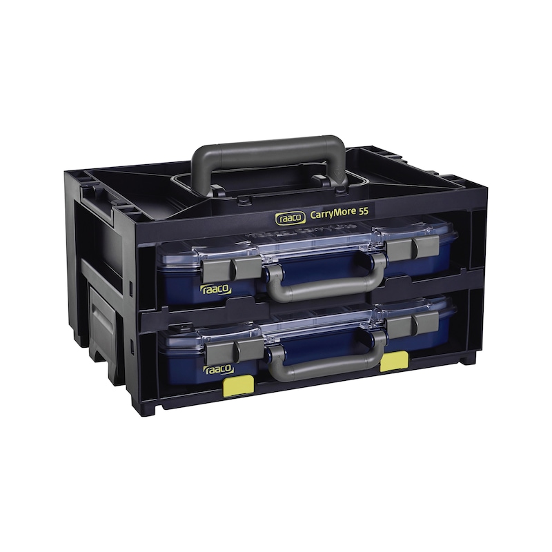 Raaco CarryMore 55x2 equipped with two CarryLite 55 4x8-16 assortment cases