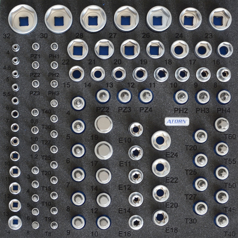 ATORN Hard foam insert equipped with socket set 1/4 + 1/2, 93 pieces